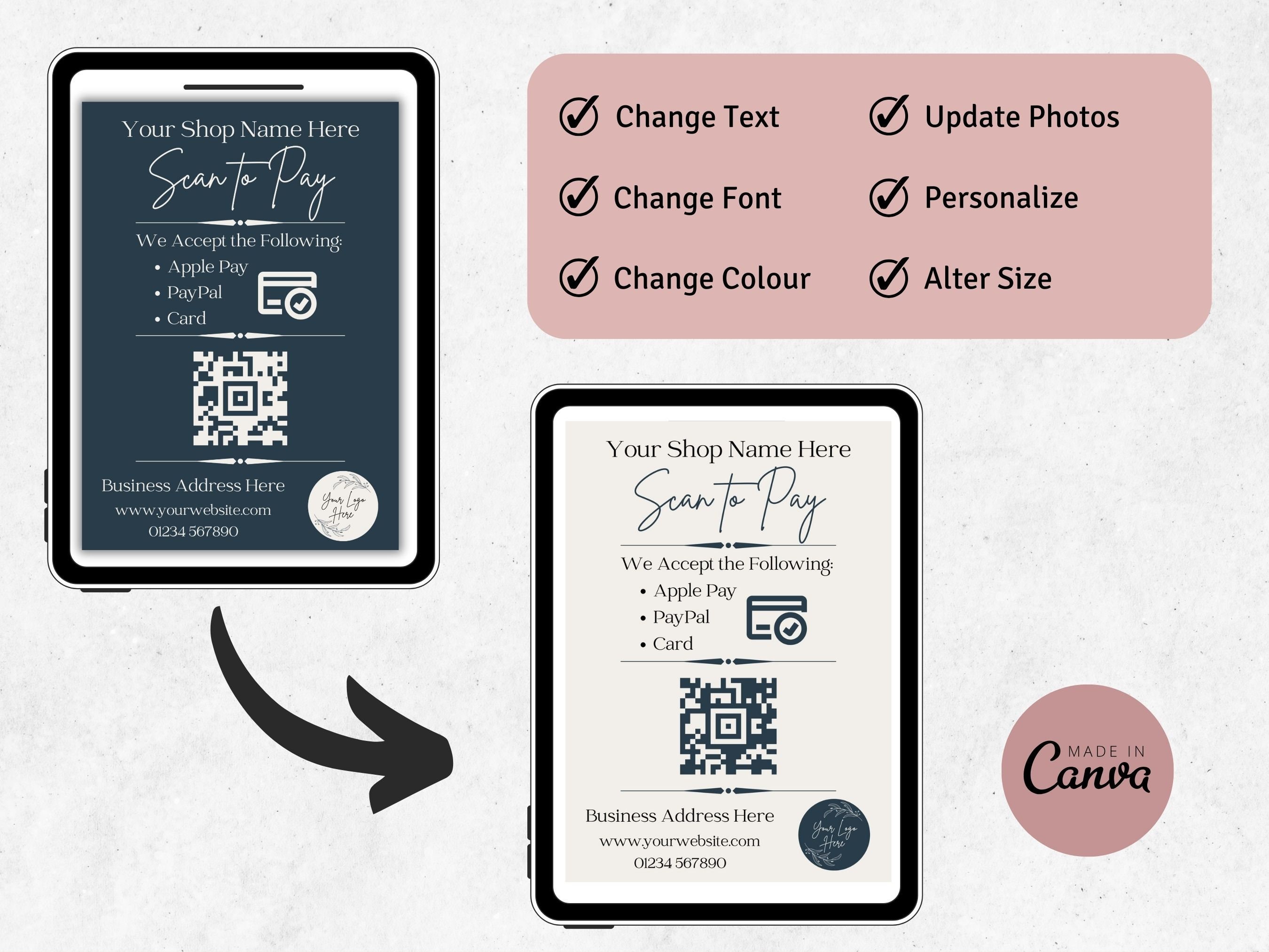 Editable Scan to Pay Sign Template, Printable Small Business Sign ...