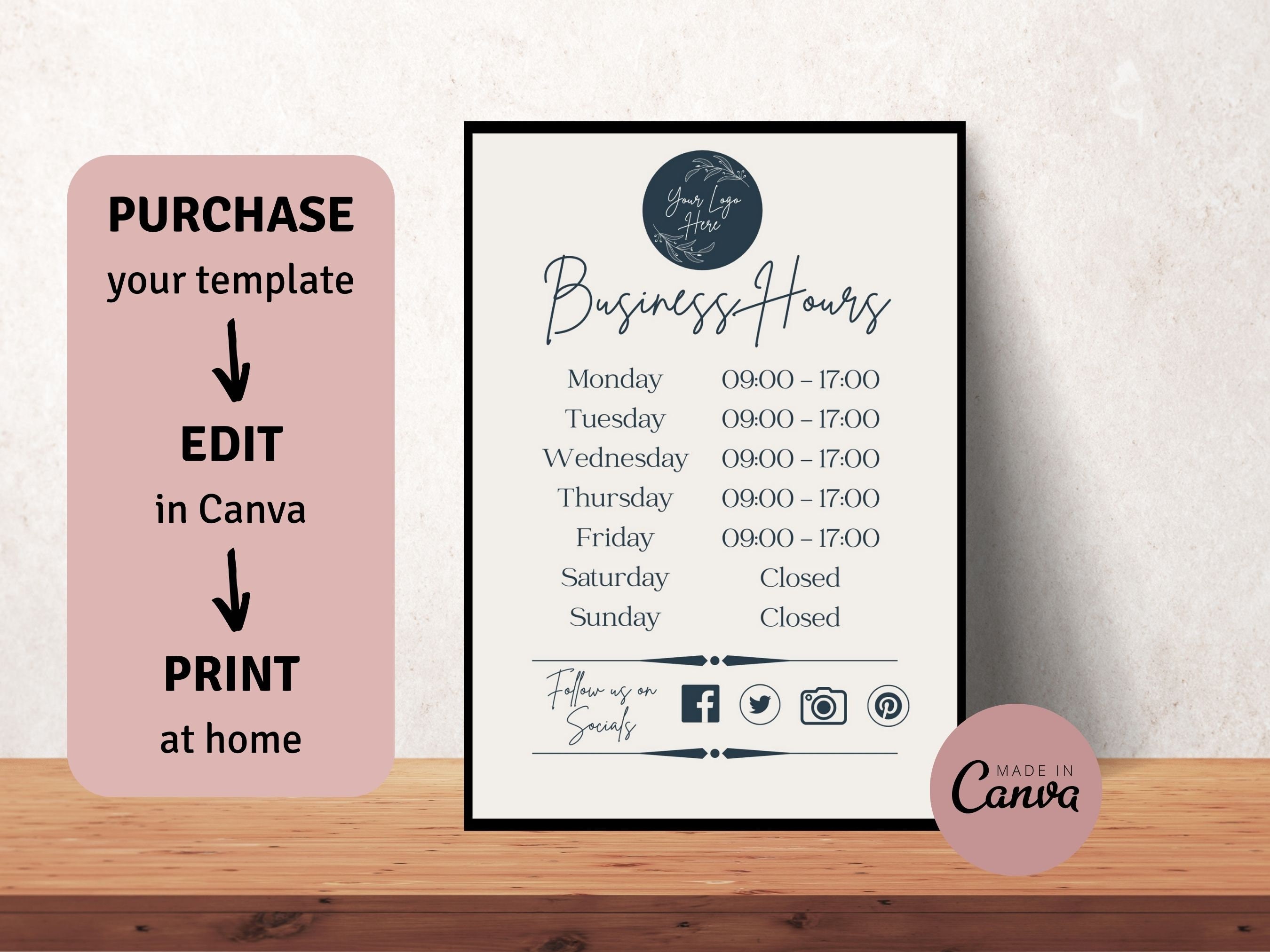 Editable Business Hours Sign Template, Printable Store Opening Times ...