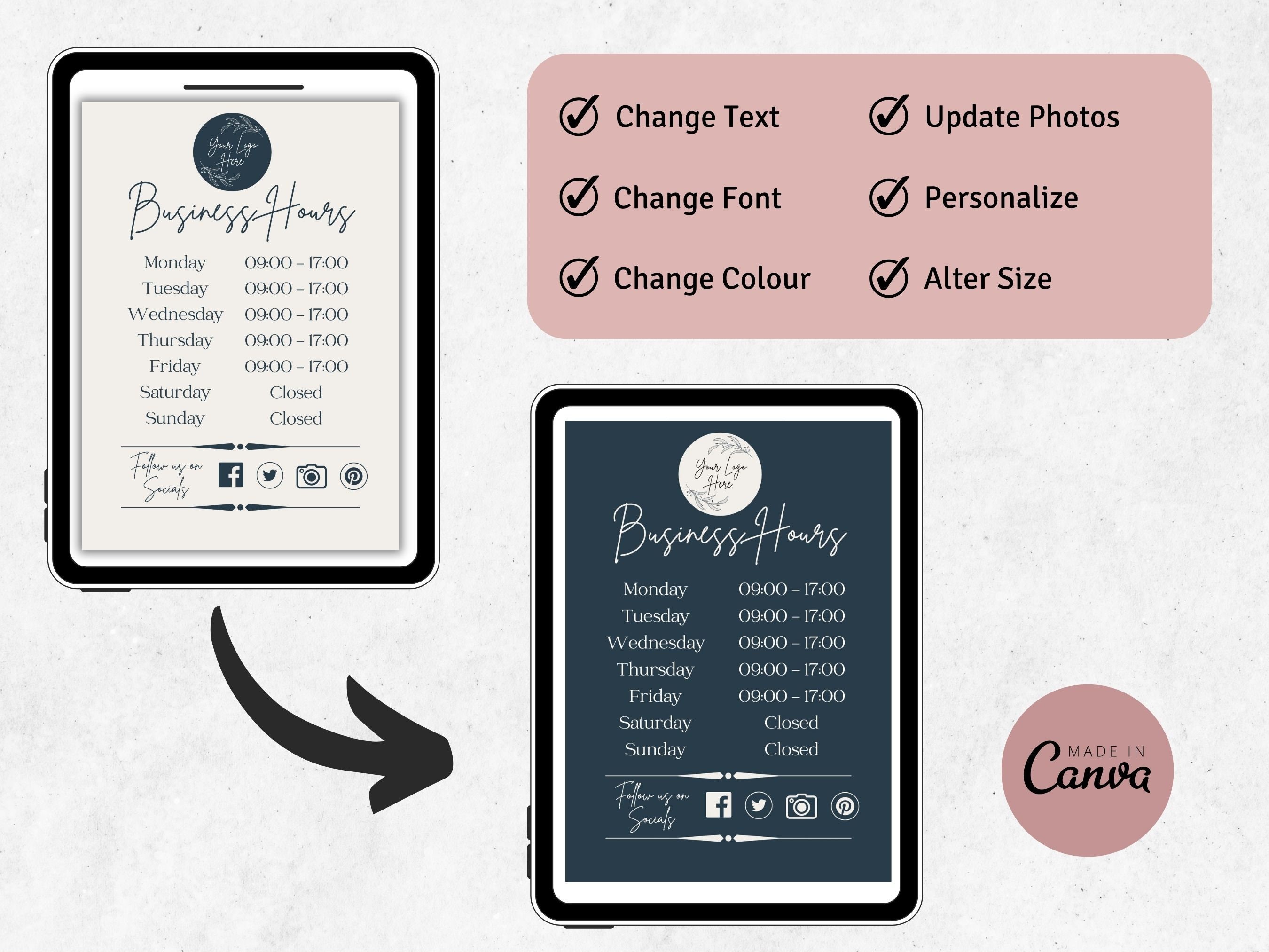 Editable Business Hours Sign Template, Printable Store Opening Times ...