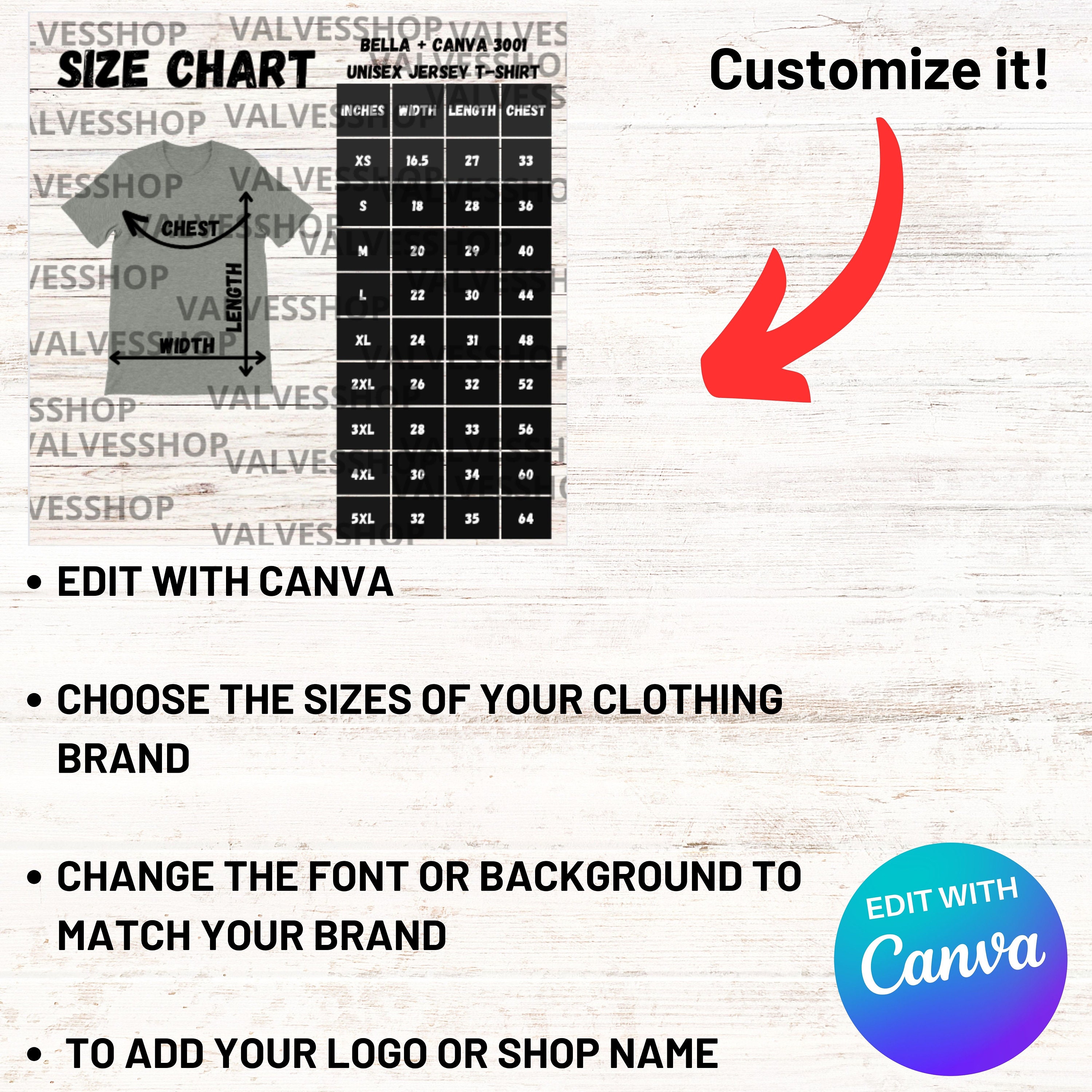 Bella + Canva 3001 Editable Size Chart | Bella Canva Mockup | Unisex T ...