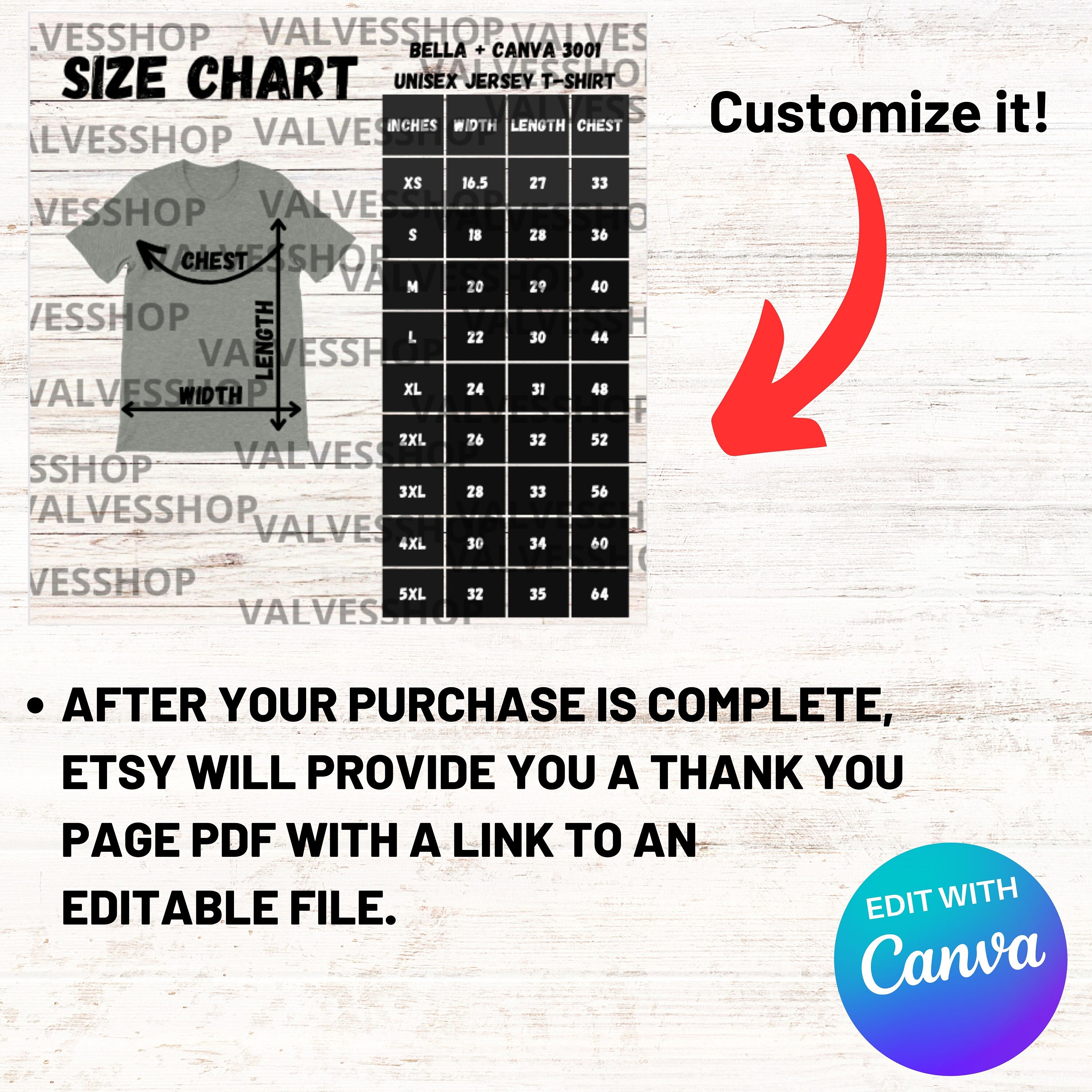 Bella + Canva 3001 Editable Size Chart | Bella Canva Mockup | Unisex T ...