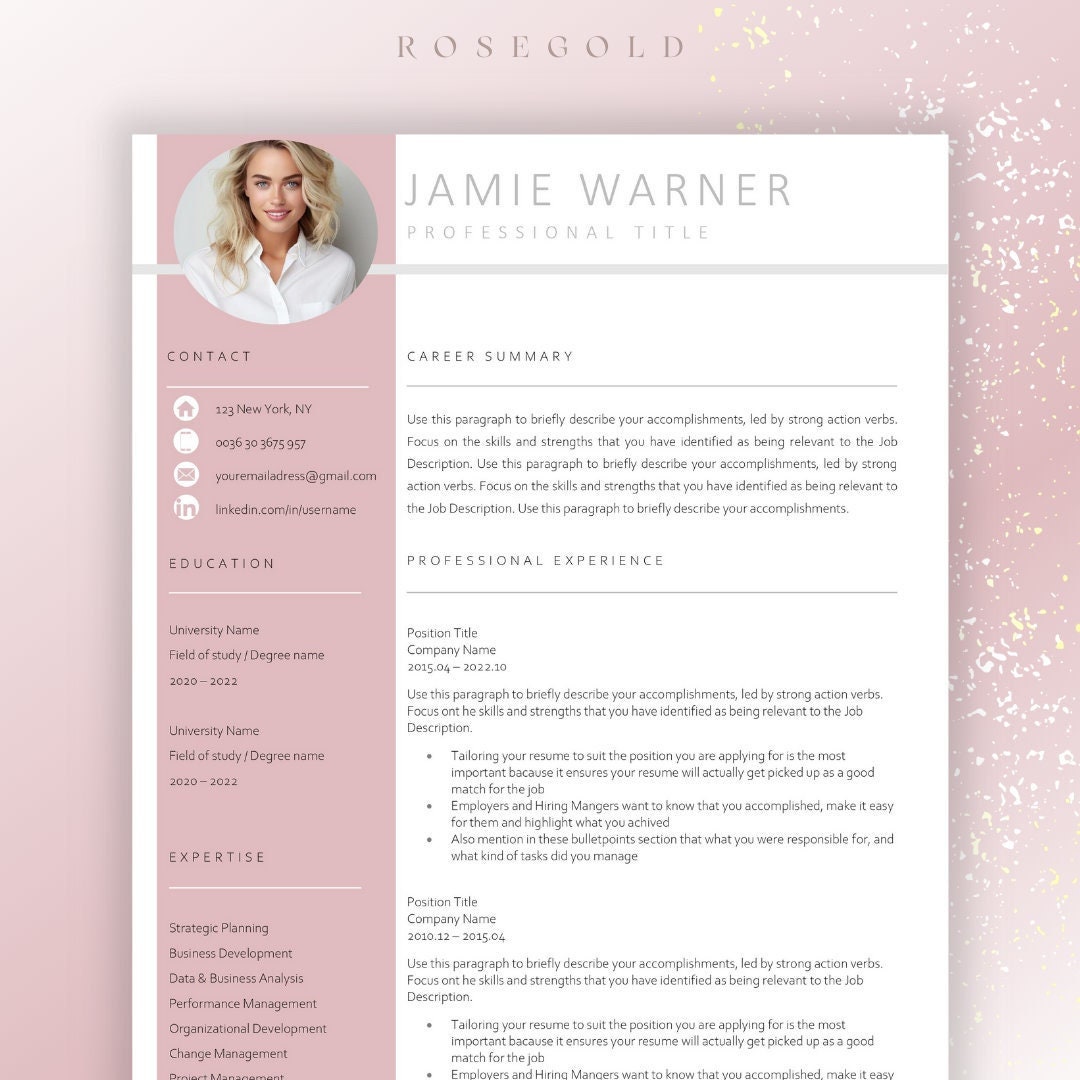 Rose Gold Resume Template: Professional CV With Cover Letter - Etsy