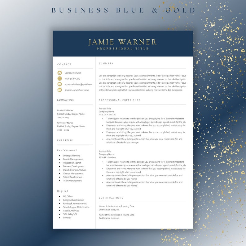Resume Template CV Template - Business Blue & Gold Resume Template ATS ...
