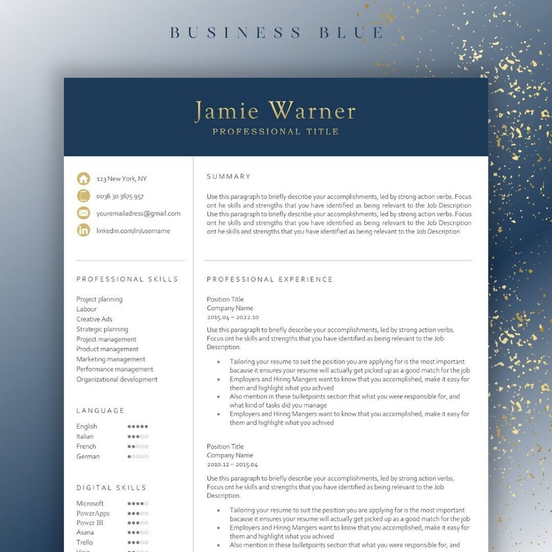 Resume Template CV Template - Business Blue & Gold Resume Template ATS ...