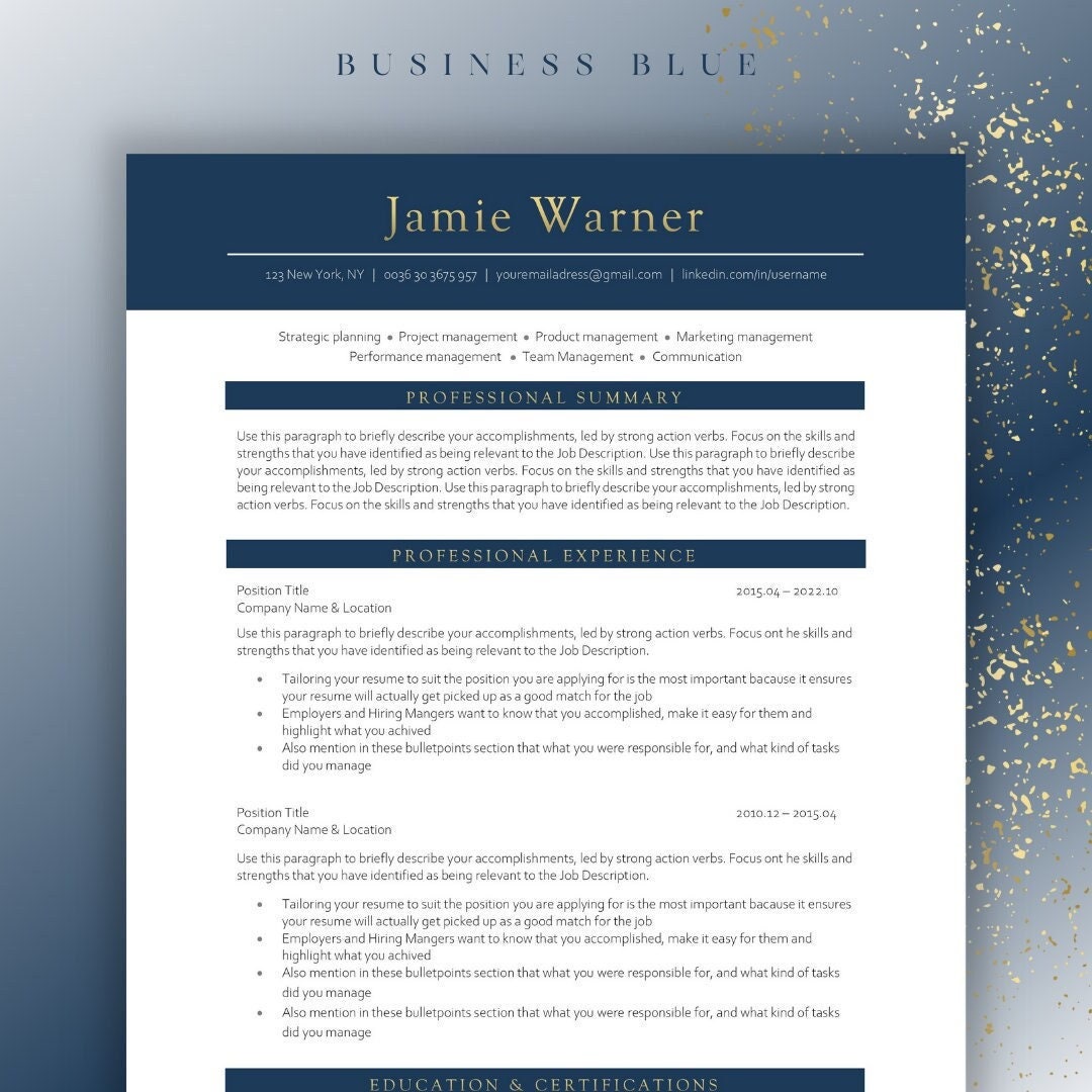 Resume Template CV Template - Business Blue & Gold Resume Template ATS ...