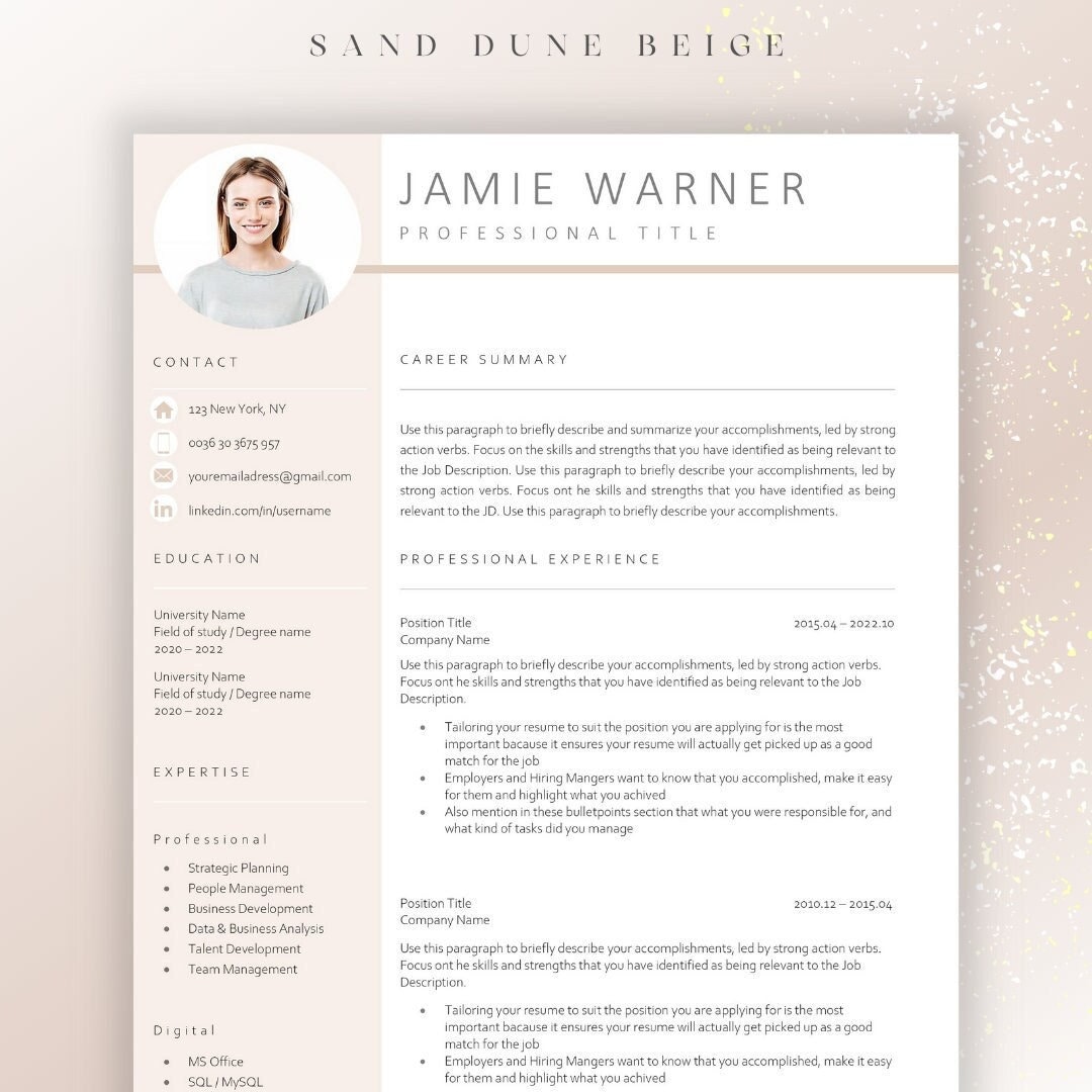 Resume Template CV Template - Sand Dune Beige Resume Template ATS ...