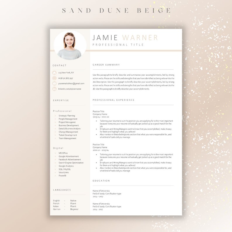 Sand Dune Beige Resume Template: Professional CV + Cover Letter (ATS ...