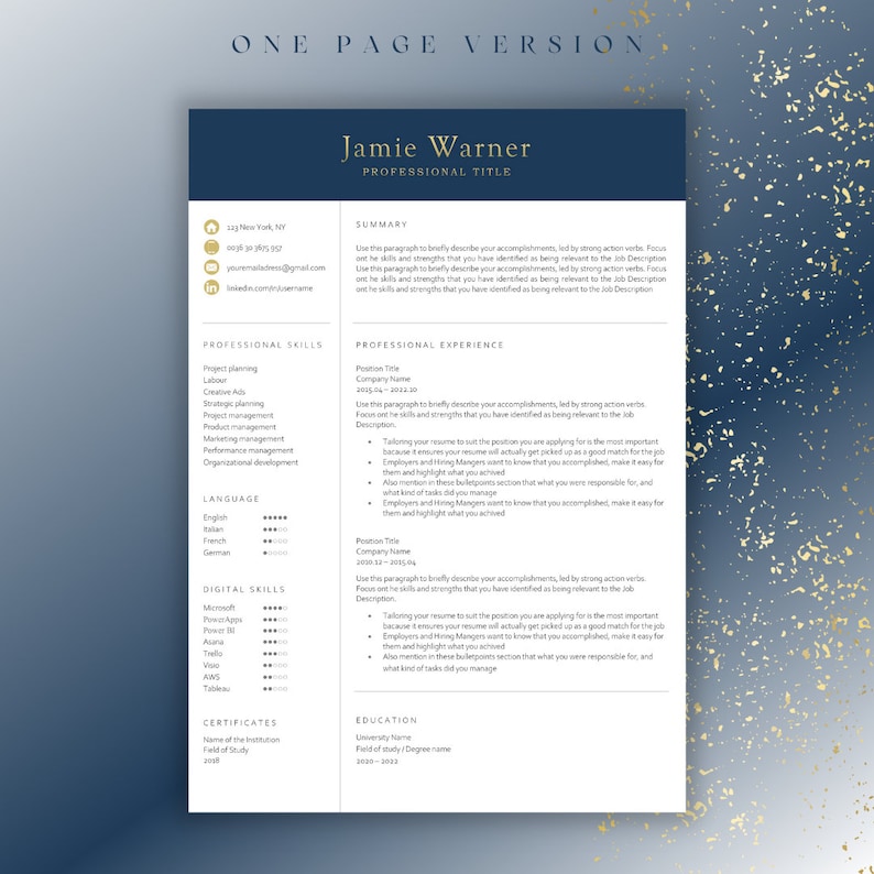 Resume Template CV Template - Business Blue & Gold Resume Template ATS ...