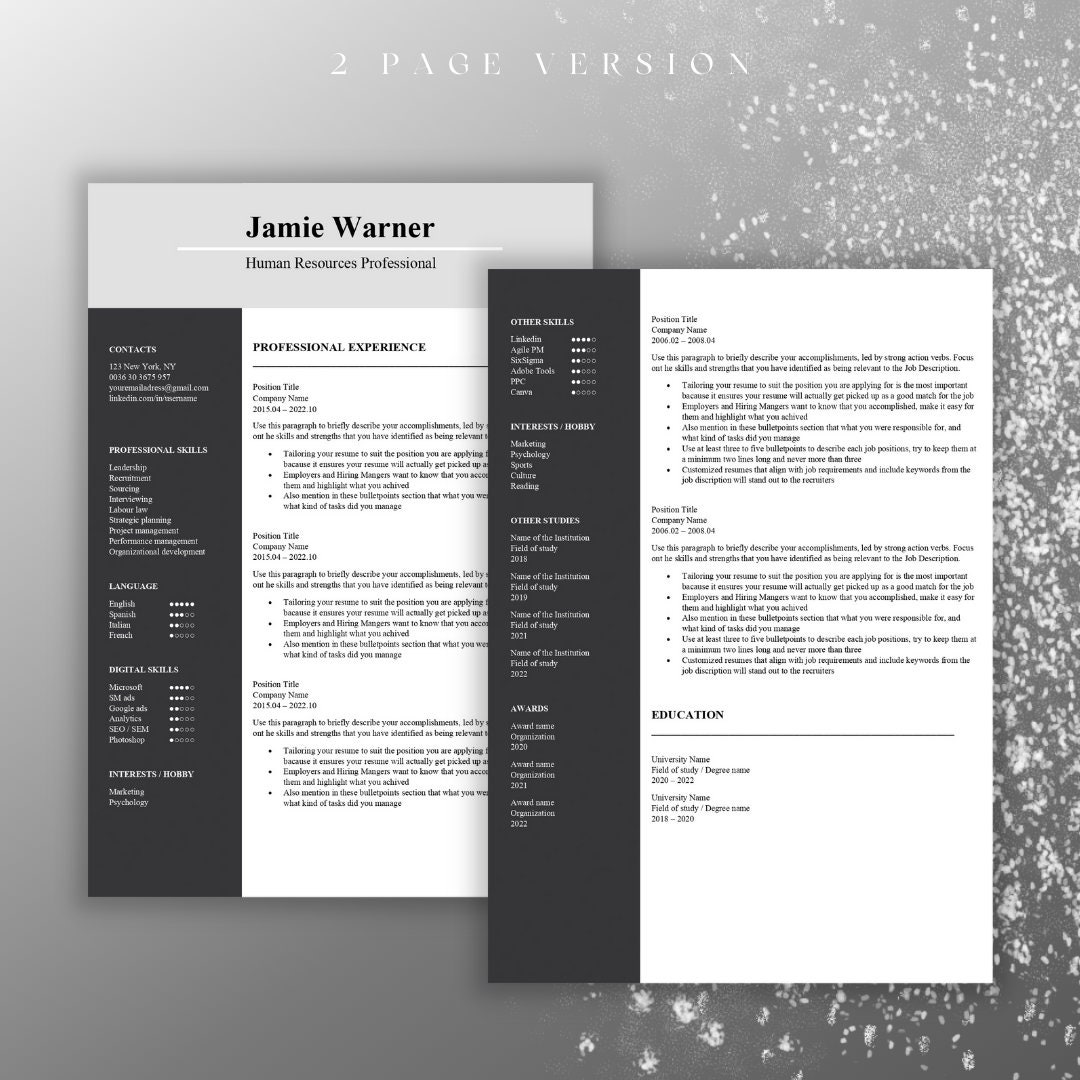 Resume Template Professional Grey 01 - Etsy