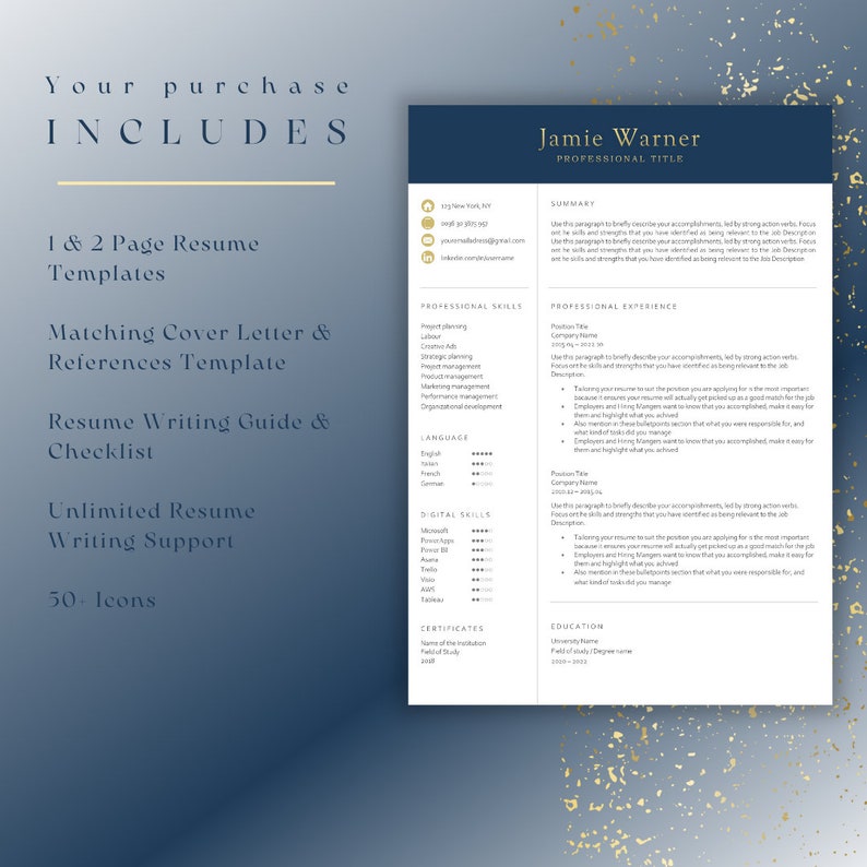 Resume Template CV Template - Business Blue & Gold Resume Template ATS ...