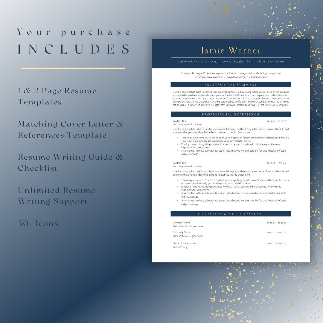 Resume Template CV Template - Business Blue & Gold Resume Template ATS ...