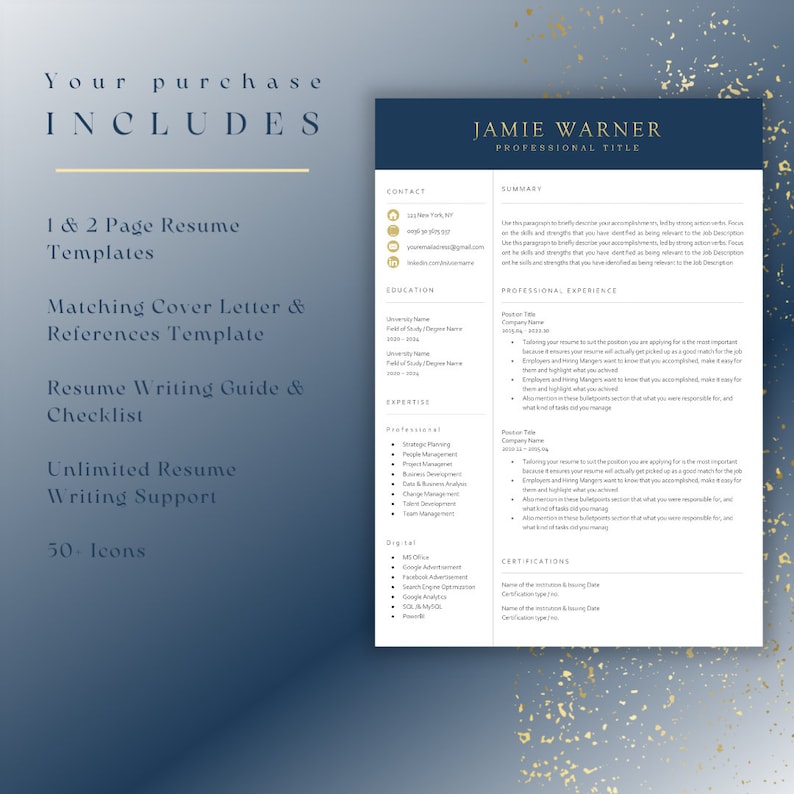 Blue & Gold Resume Template: Professional CV With Cover Letter - Etsy UK