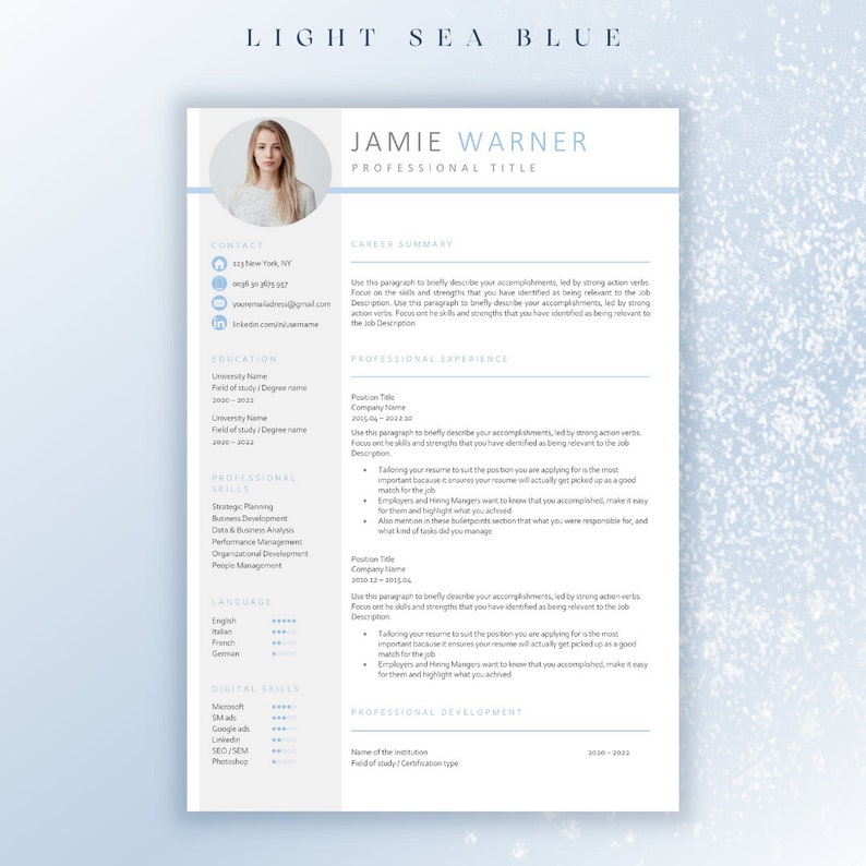 Light Sea Blue Resume Template: Professional CV + Cover Letter - Etsy UK