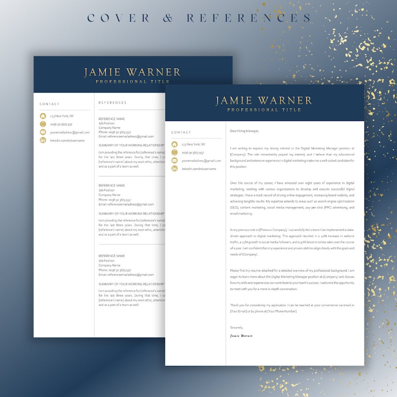 Blue & Gold Resume Template: Professional CV With Cover Letter - Etsy UK