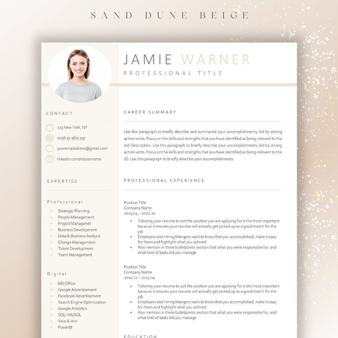 Sand Dune Beige Resume Template: Professional CV + Cover Letter (ATS ...
