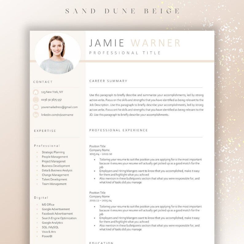 Sand Dune Beige Resume Template: Professional CV + Cover Letter (ATS ...