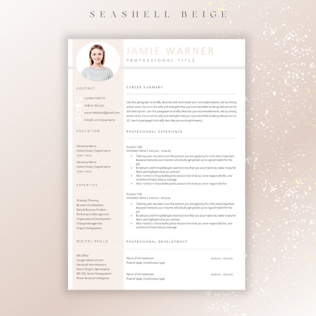 Resume Template CV Template - Seashell Beige Resume Template ATS ...