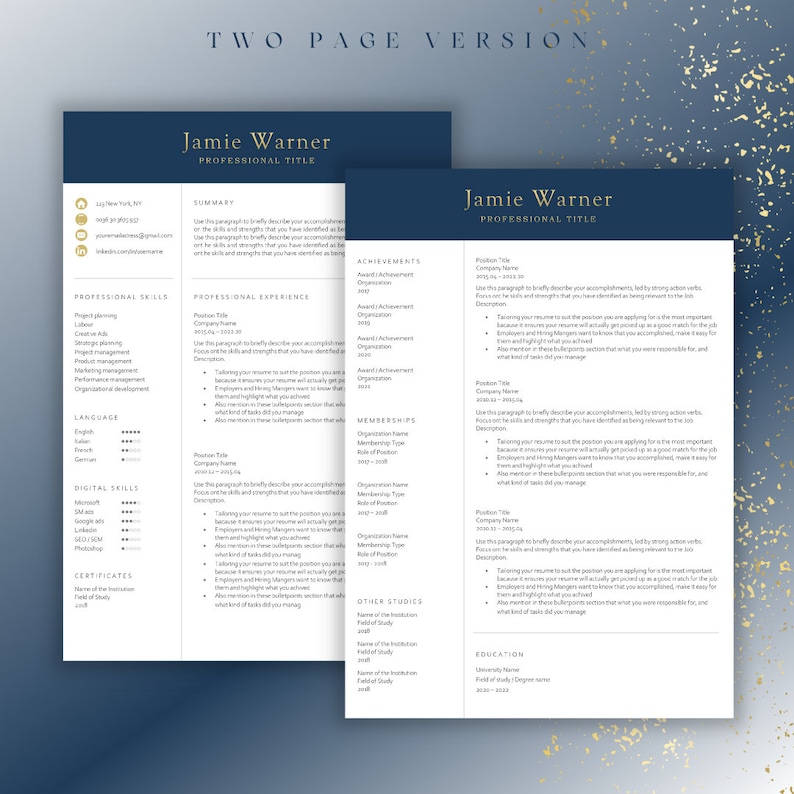 Blue & Gold Resume Template: Professional CV + Cover Letter (ATS ...