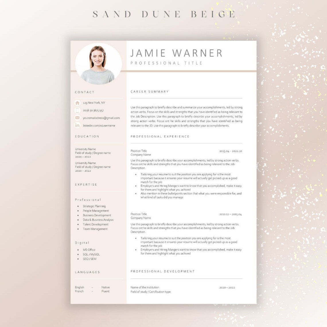 Resume Template CV Template Sand Dune Beige Resume Template ATS ...