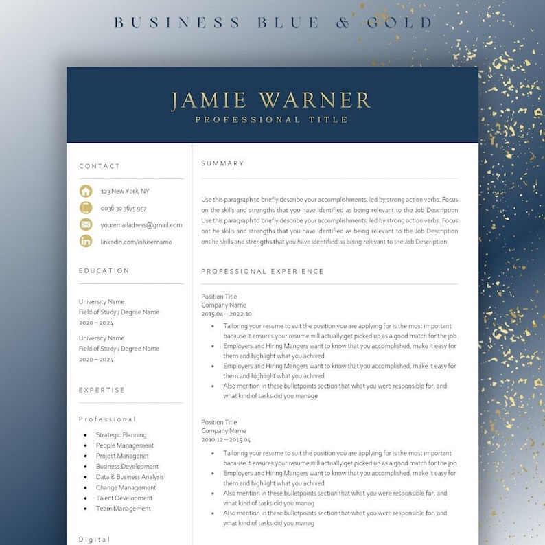 Blue & Gold Resume Template: Professional CV With Cover Letter - Etsy UK