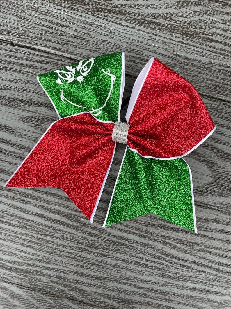 Grinch Bow, Grinch Christmas Cheer Bow, Green Glitter Bow, Red Glitter ...