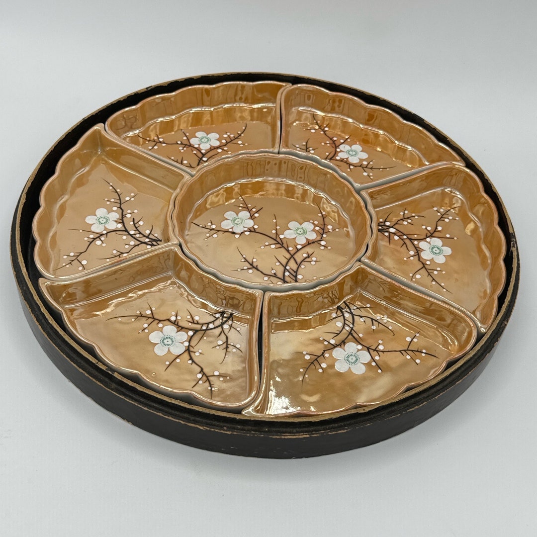 7 Pc Japanese Orange Lusterware W/ Hand Painted Cherry Blossoms ...