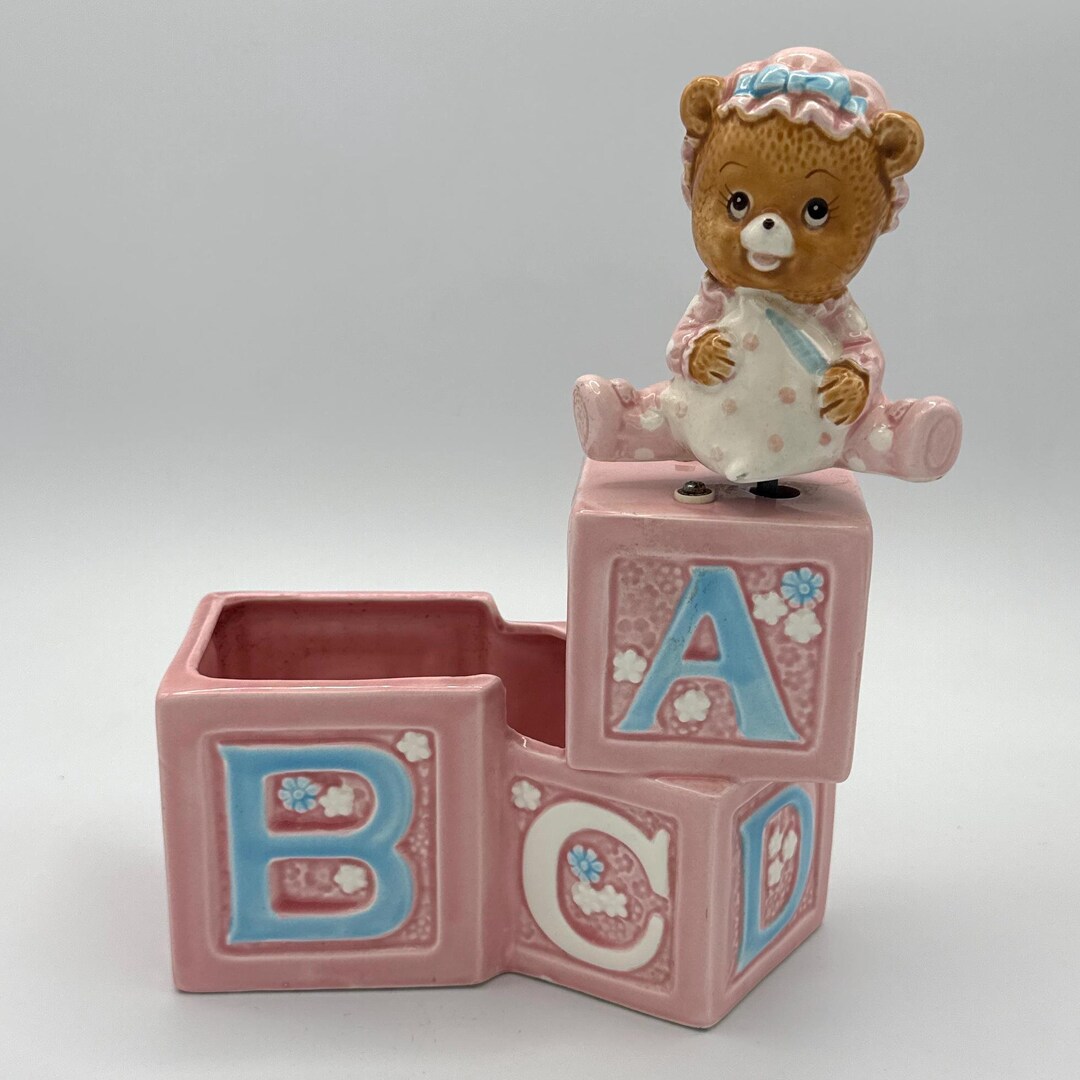 Lefton Musical Stacking Blocks & Teddy Bear Planter rock-a-bye Baby VTG ...