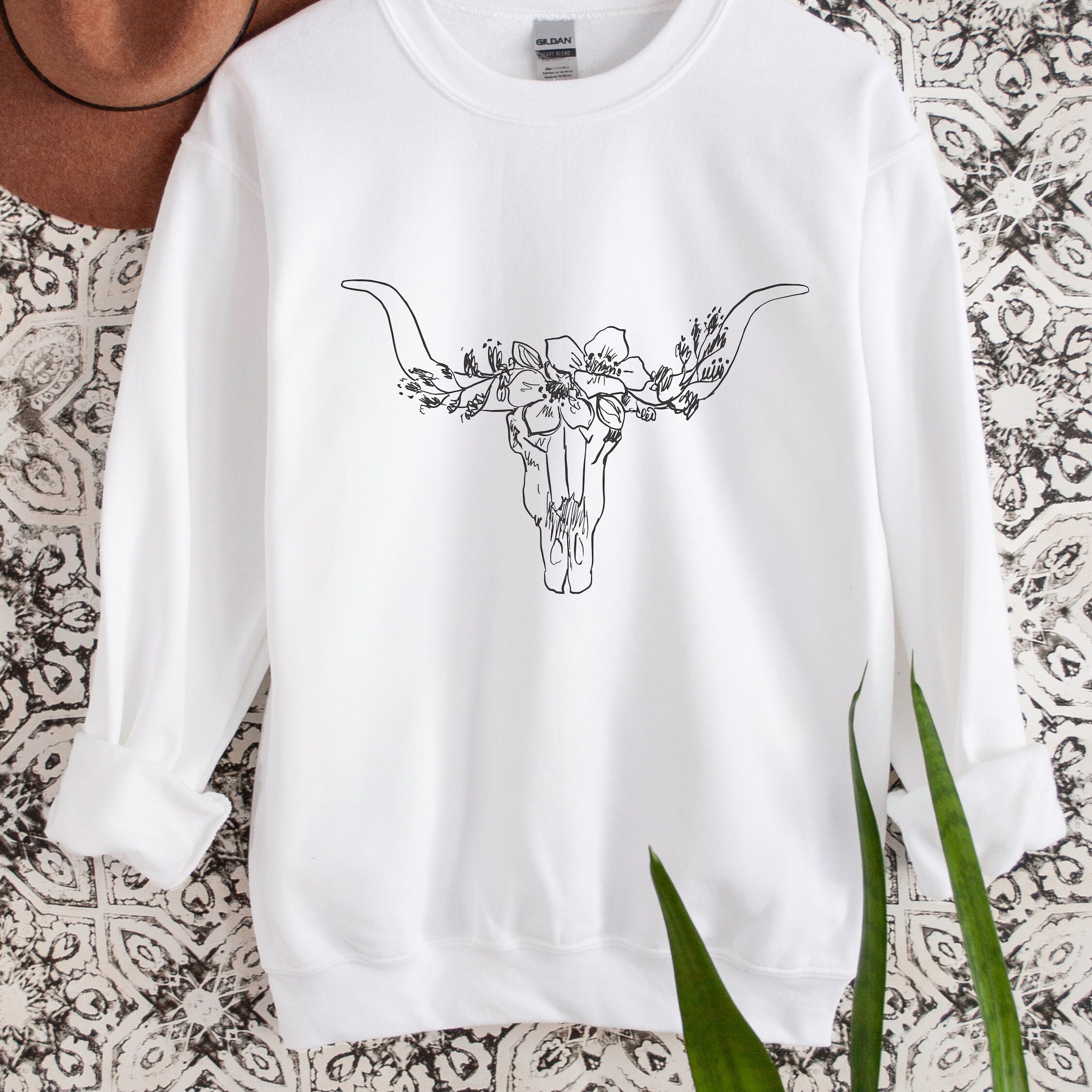 Boho Vintage Western Cow Skull Sweater Cow Sweater Bull Skull Shirt ...
