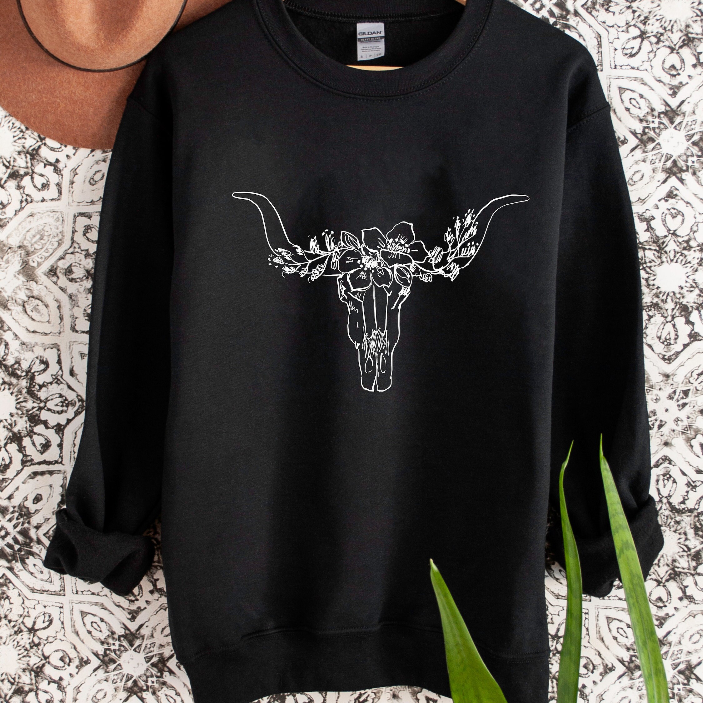 Boho Vintage Western Cow Skull Sweater Cow Sweater Bull Skull Shirt ...