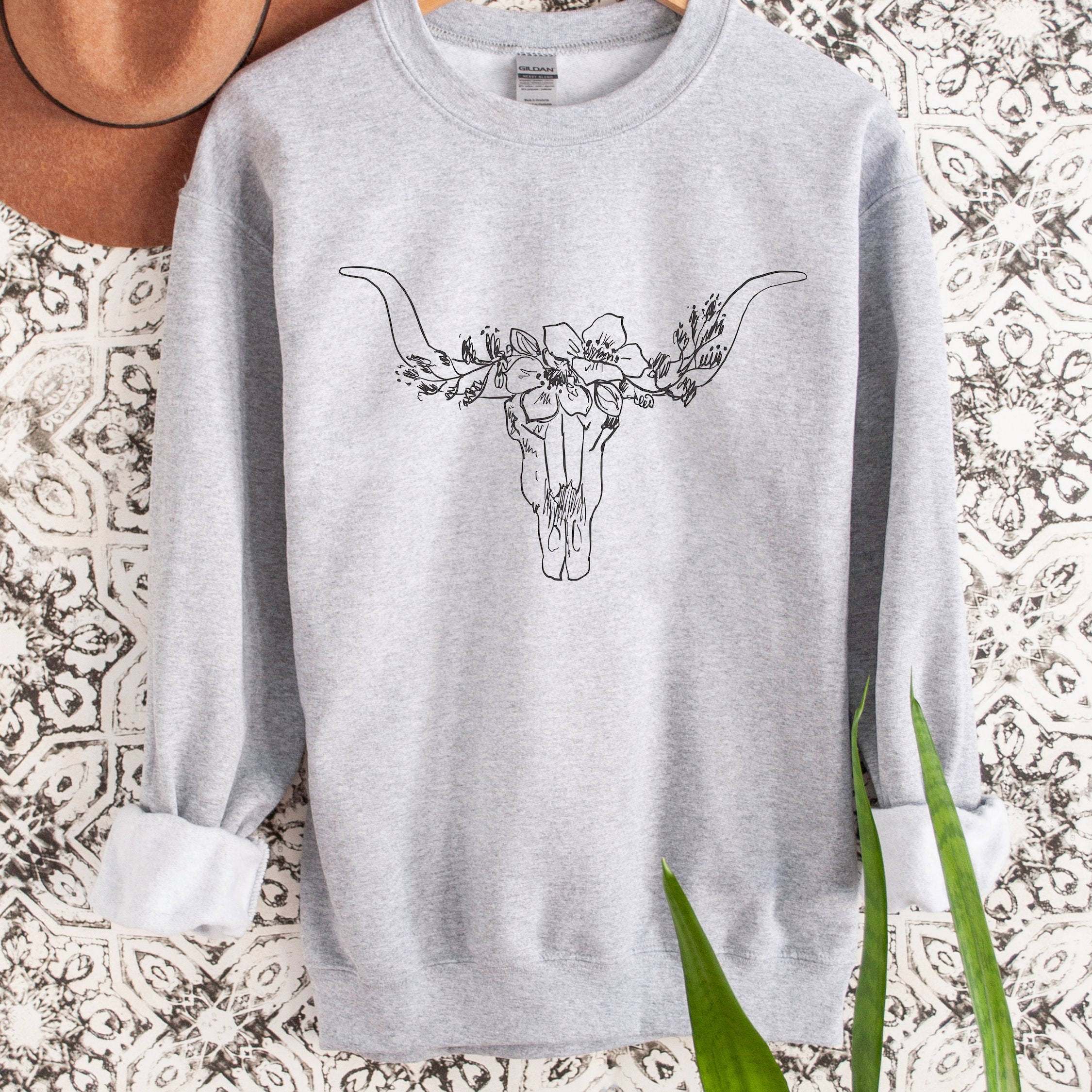 Boho Vintage Western Cow Skull Sweater Cow Sweater Bull Skull Shirt ...