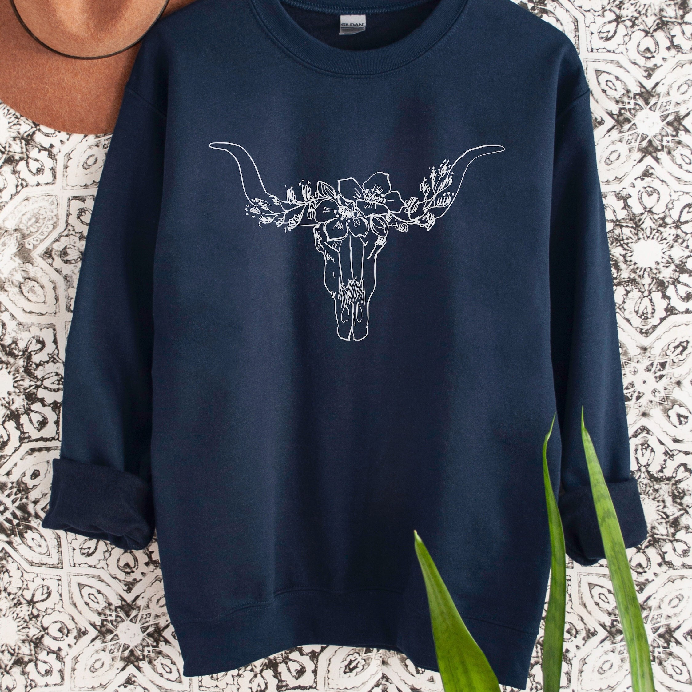 Boho Vintage Western Cow Skull Sweater Cow Sweater Bull Skull Shirt ...