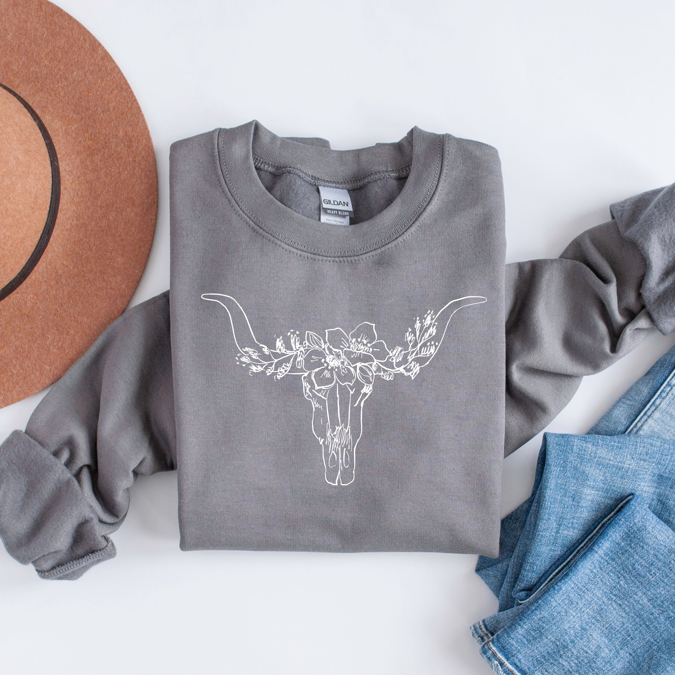 Boho Vintage Western Cow Skull Sweater Cow Sweater Bull Skull Shirt ...