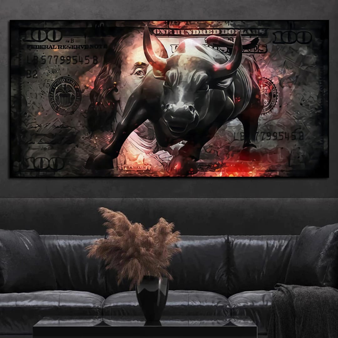 Charging Bull Art Wall Street Canvas Painting 100 Dollar Bull Statue ...