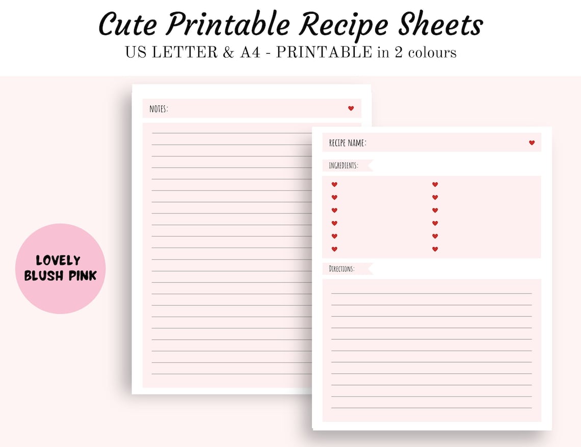 Cute Printable Recipe Sheet Recipe Pages Recipe Planner - Etsy