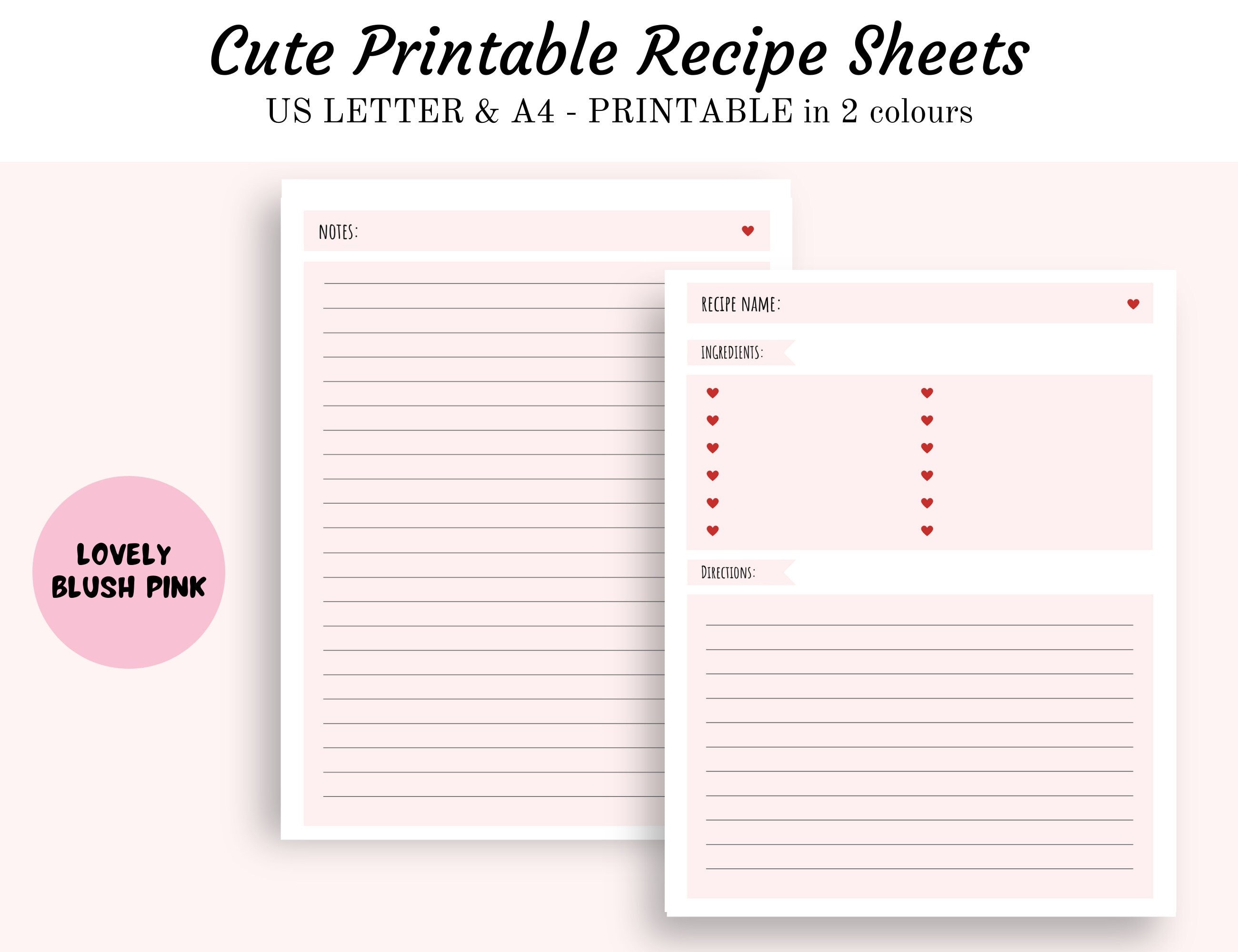 Cute Printable Recipe Sheet, Recipe Pages, Recipe Planner, Heart Print ...