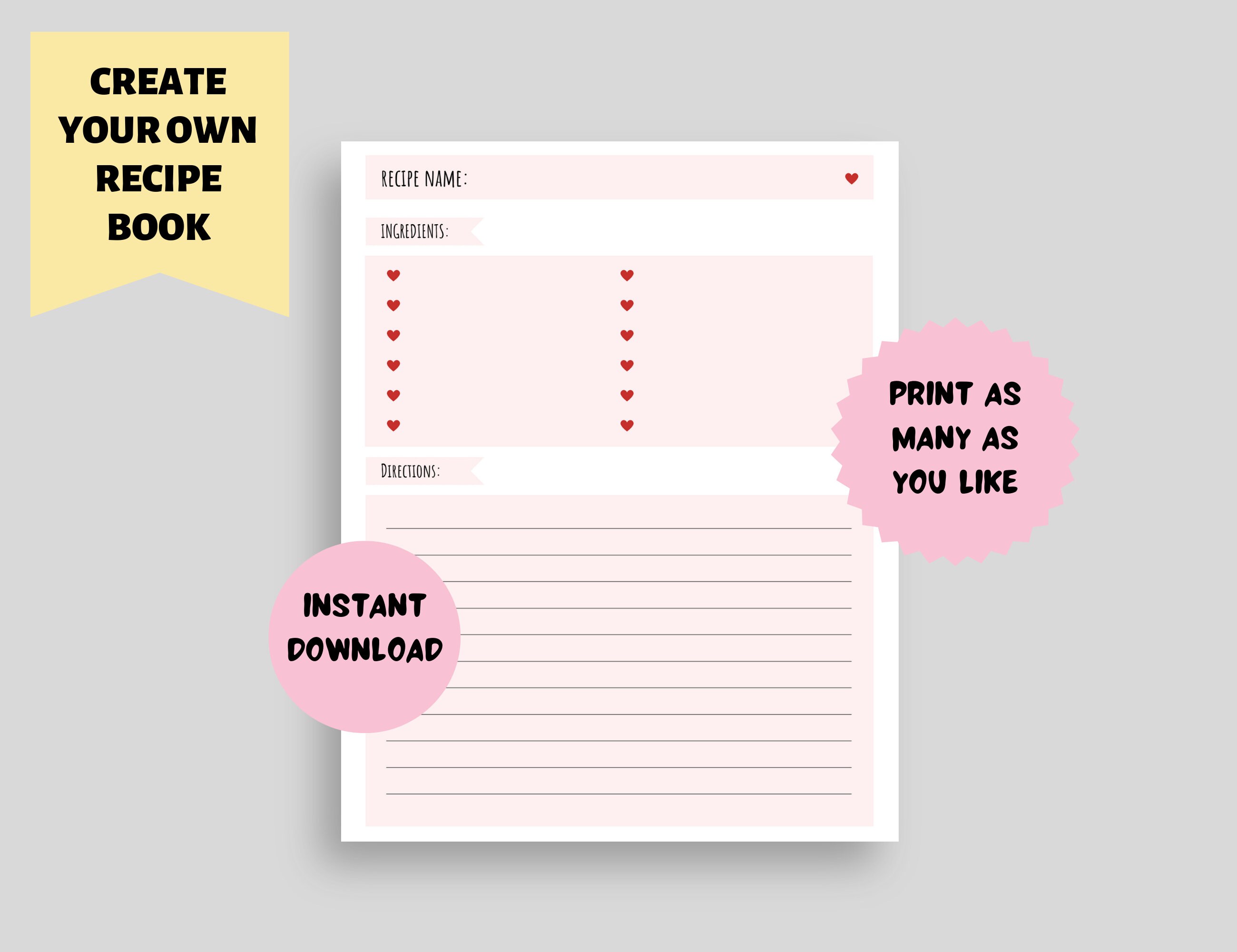Cute Printable Recipe Sheet, Recipe Pages, Recipe Planner, Heart Print ...
