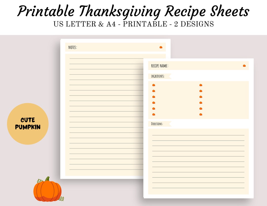 Thanksgiving Printable Recipe Sheet, Holiday Recipe, Cute Recipe Pages ...