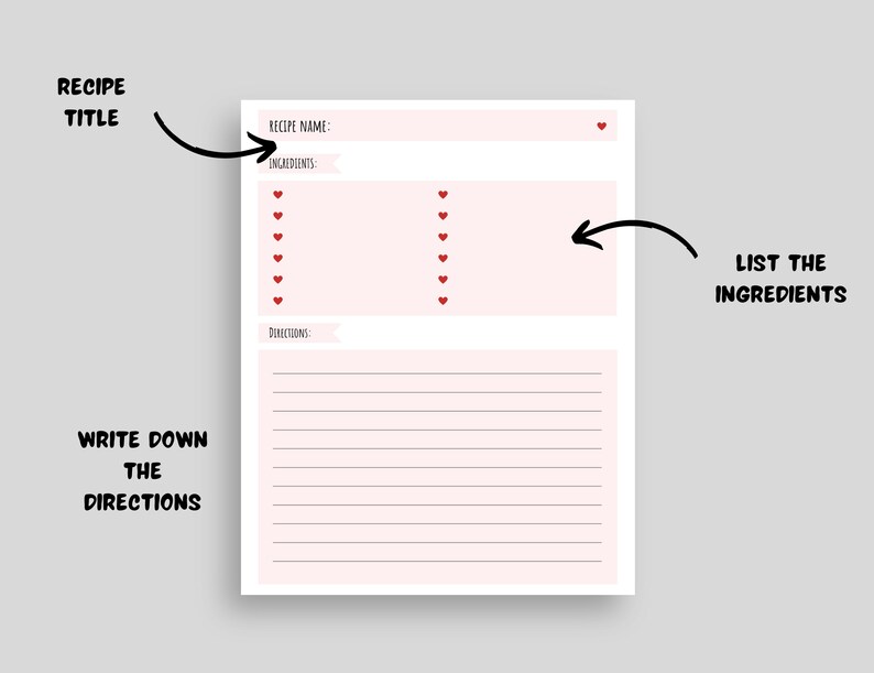 Cute Printable Recipe Sheet, Recipe Pages, Recipe Planner, Heart Print ...