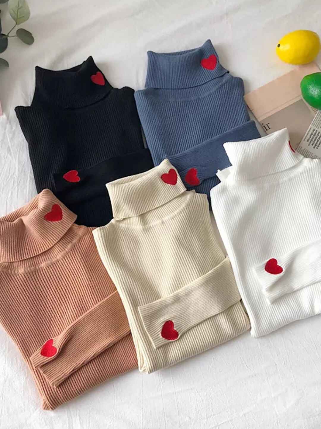 Knitted Sweater Ribbed Pullovers Heart Embroidery Turtleneck Autumn ...