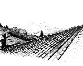 Pen and Ink Drawing of a Country Road in Tuscany, Italy (this is a ...