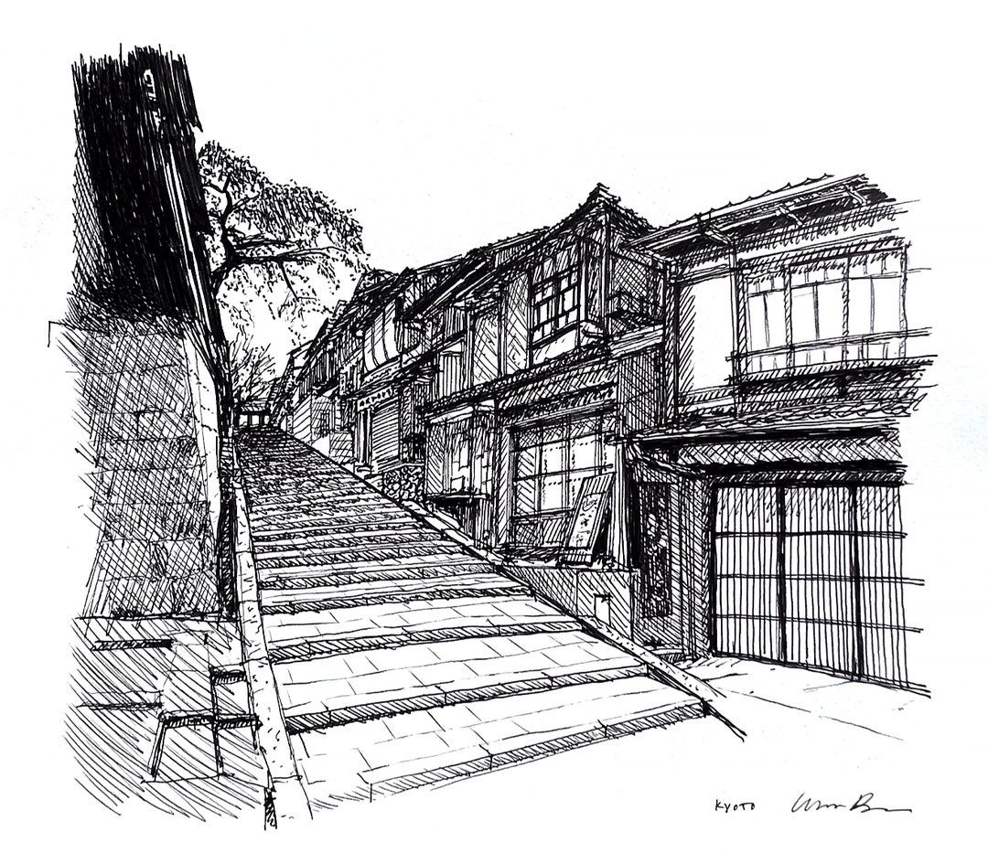 Kyoto City Drawing – Japanese Street Sketch Digital Download, Hand ...