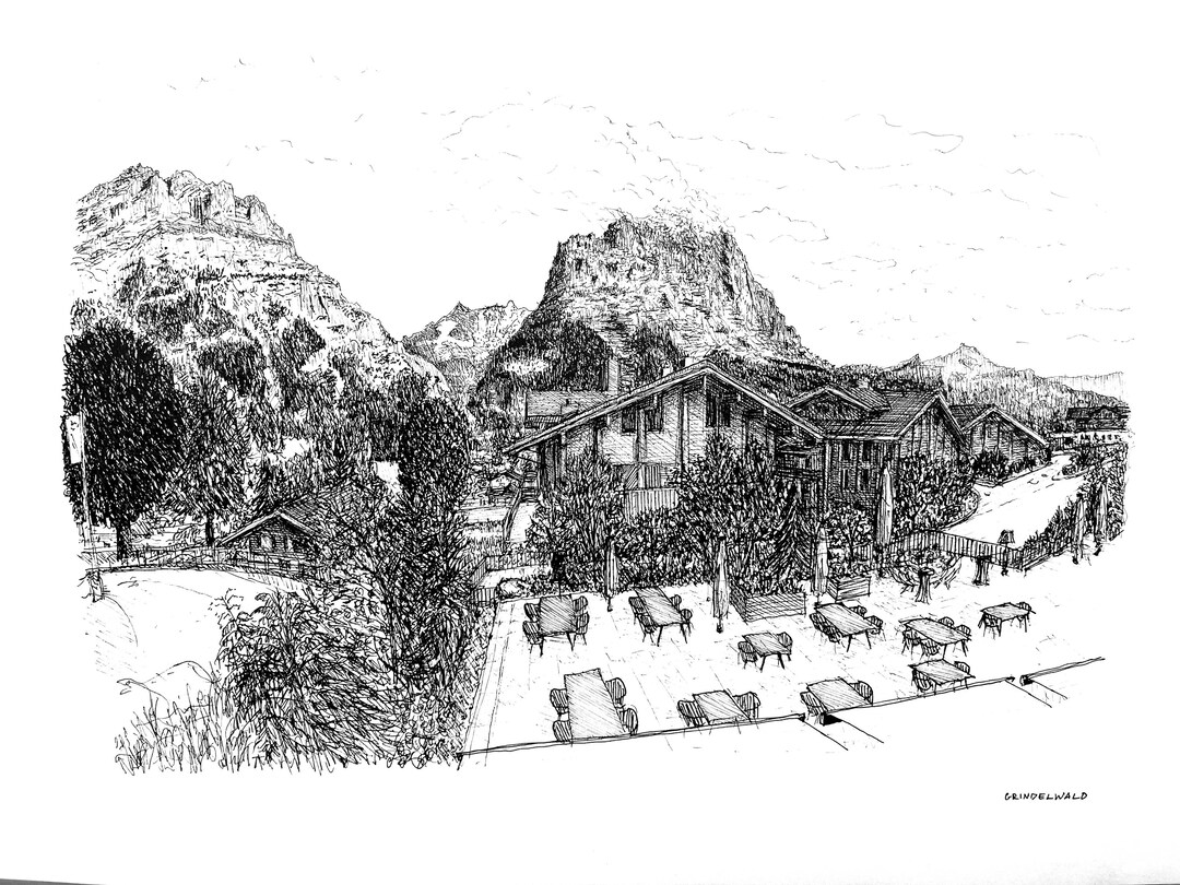 Grindelwald Eiger Sketch – Switzerland Alpine Drawing Digital Download ...