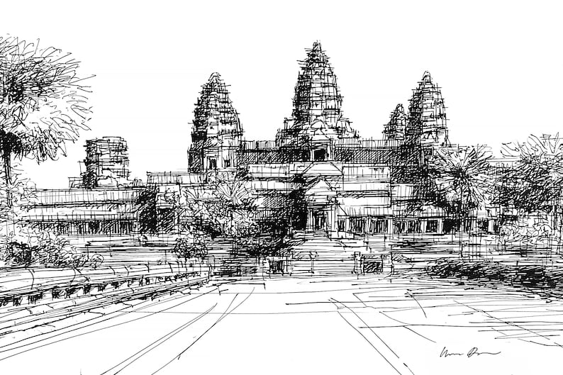 Angkor Wat Sketch – Hand-drawn Cambodia Temple Art, Travel Digital ...