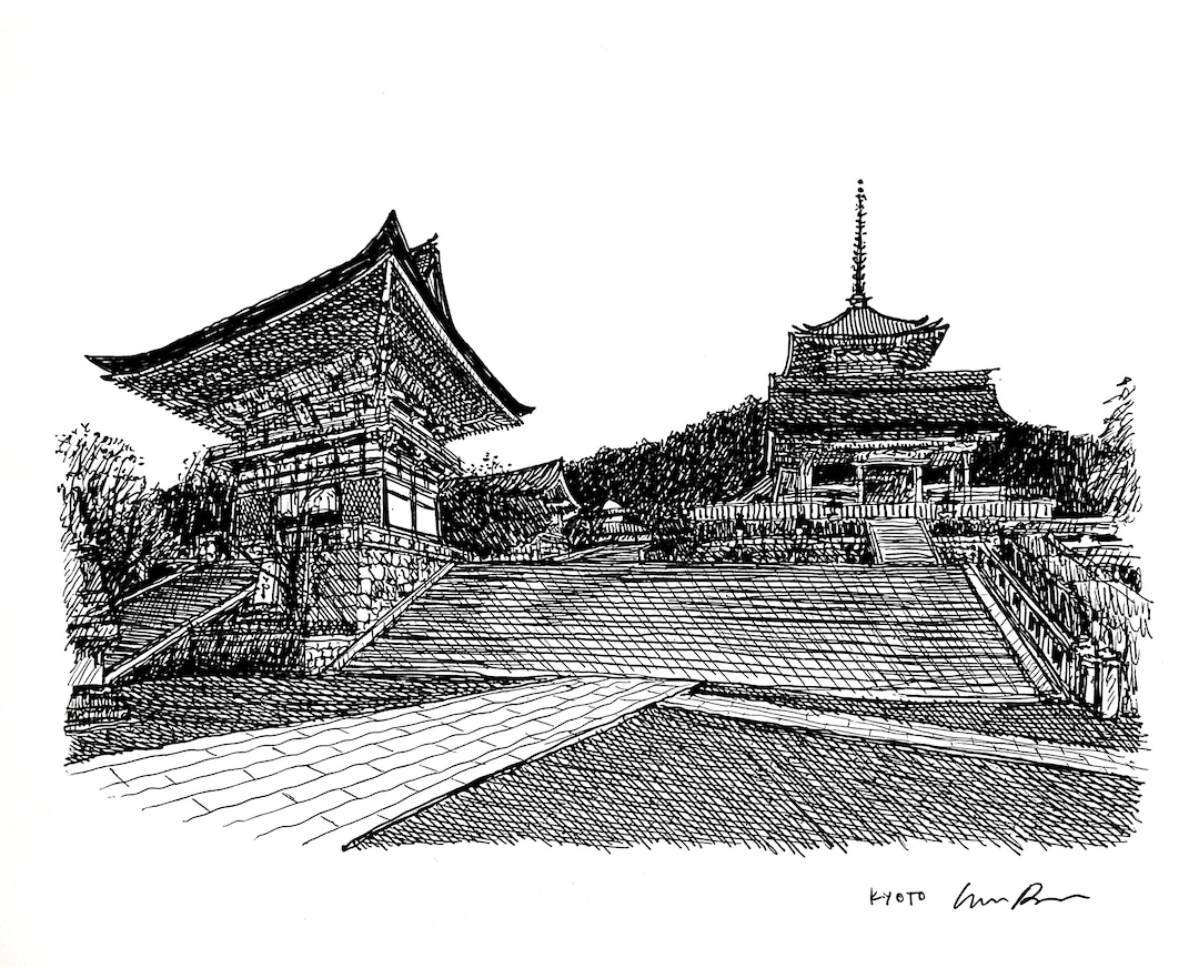 Kyoto Temples Scene 2 Drawing Digital File - Etsy
