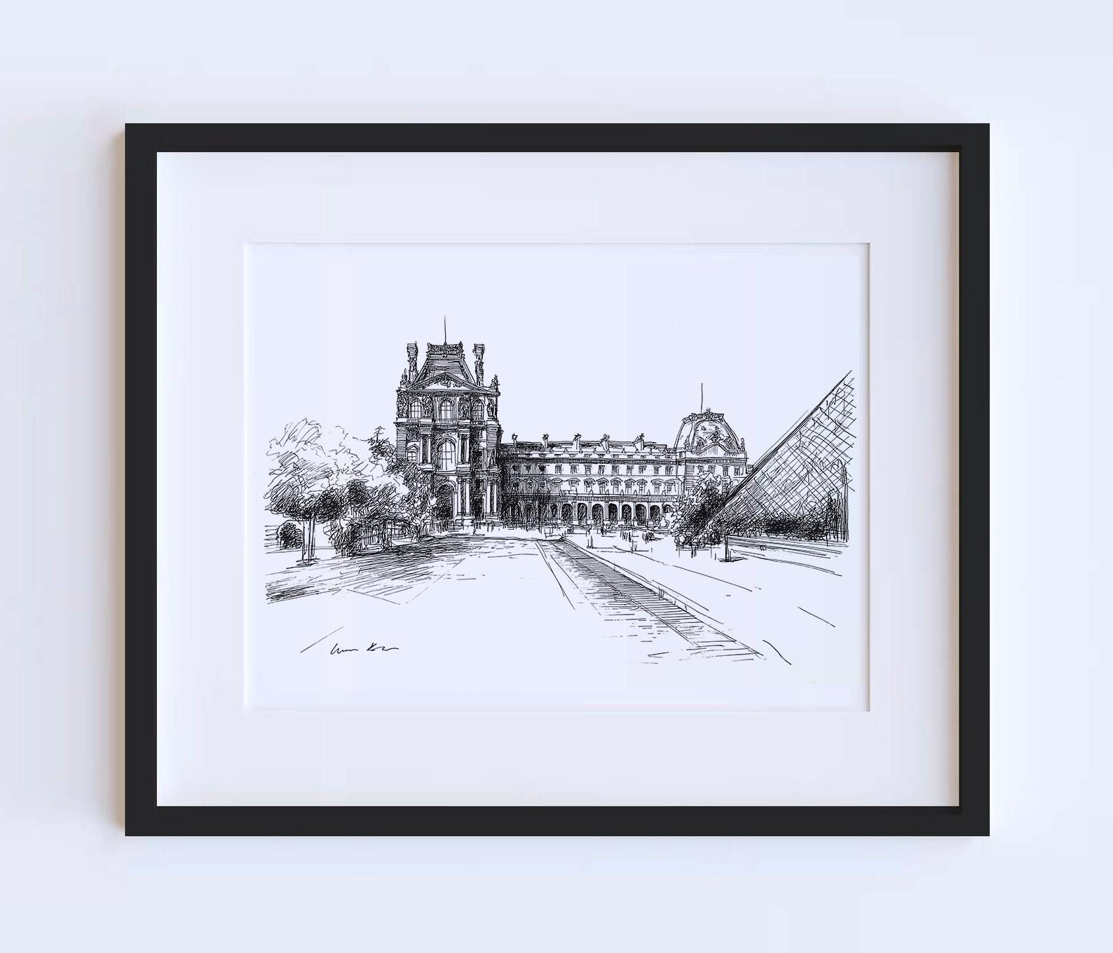 Louvre Museum Sketch – Hand-drawn Paris Landmark Art | Digital Download ...