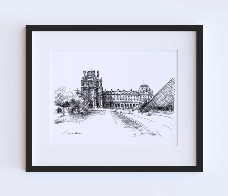 Louvre Museum Sketch – Hand-drawn Paris Landmark Art | Digital Download ...