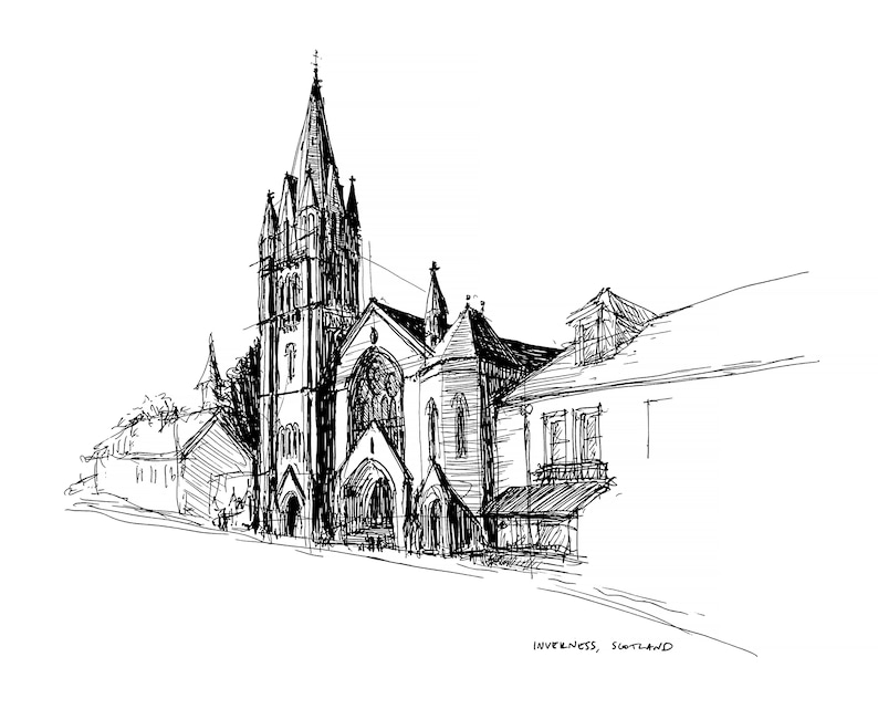 Inverness Church Sketch – Hand-drawn Scotland Architecture Print ...