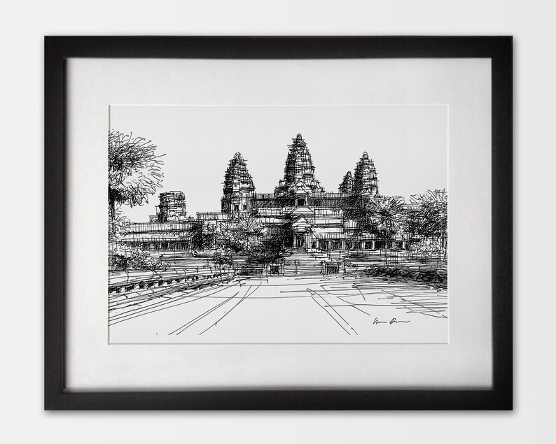 Angkor Wat Sketch – Hand-drawn Cambodia Temple Art, Travel Digital ...