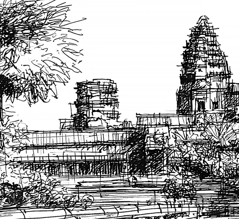 Angkor Wat Sketch – Hand-drawn Cambodia Temple Art, Travel Digital ...