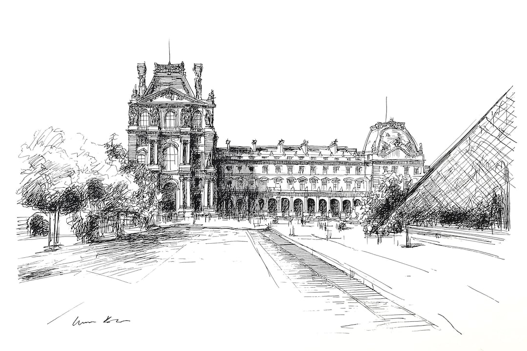 Louvre Museum Sketch – Hand-drawn Paris Landmark Art | Digital Download ...